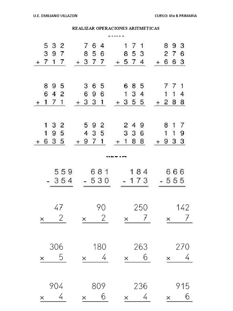 Aprendiendo las cuatro operaciones aritméticas básicas: suma, resta ...