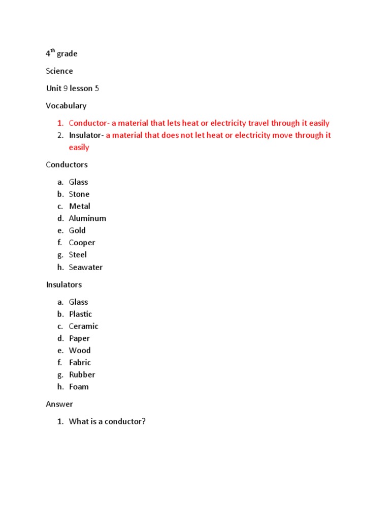 4th Grade Unit 9 Lesson 5 Insulators and Conductors | PDF | Home ...