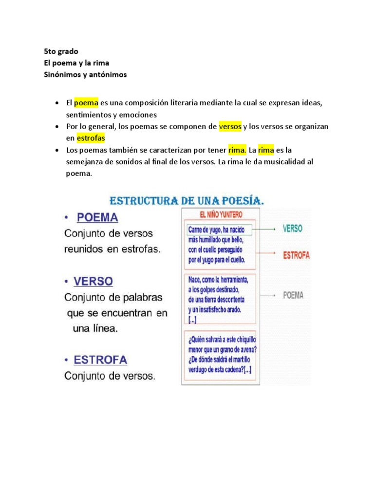 5to El Poema, Sinonimos y Antonimos | PDF | Arte | Poesía