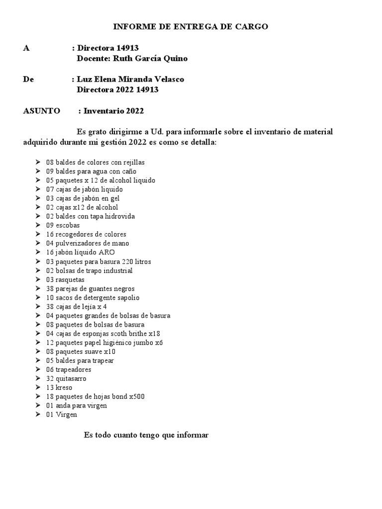Informe de Entrega de Cargo 2022 | PDF | Productos de limpieza | Higiene