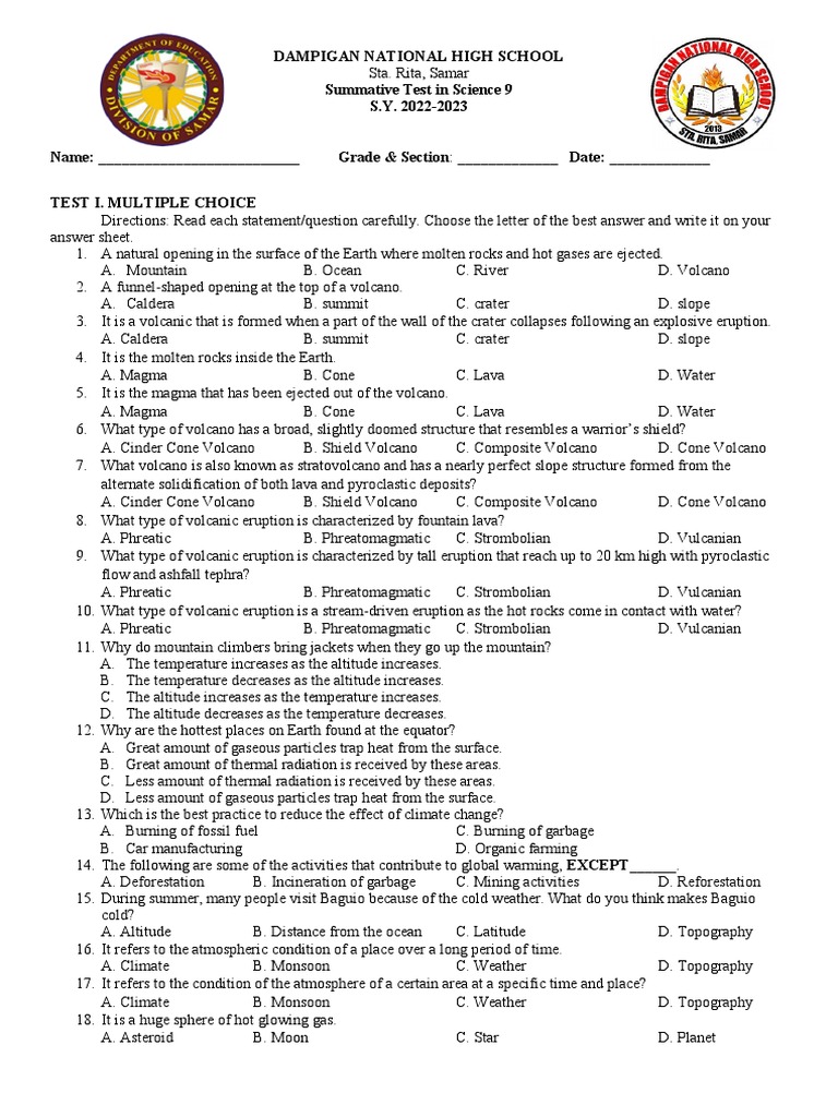 Summative Test in Science 9 3rd | PDF | Volcano | Types Of Volcanic ...