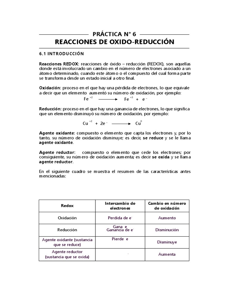 PRÁCTICA N 6 OXIDO REDUCCION | PDF | Redox | Compuestos químicos