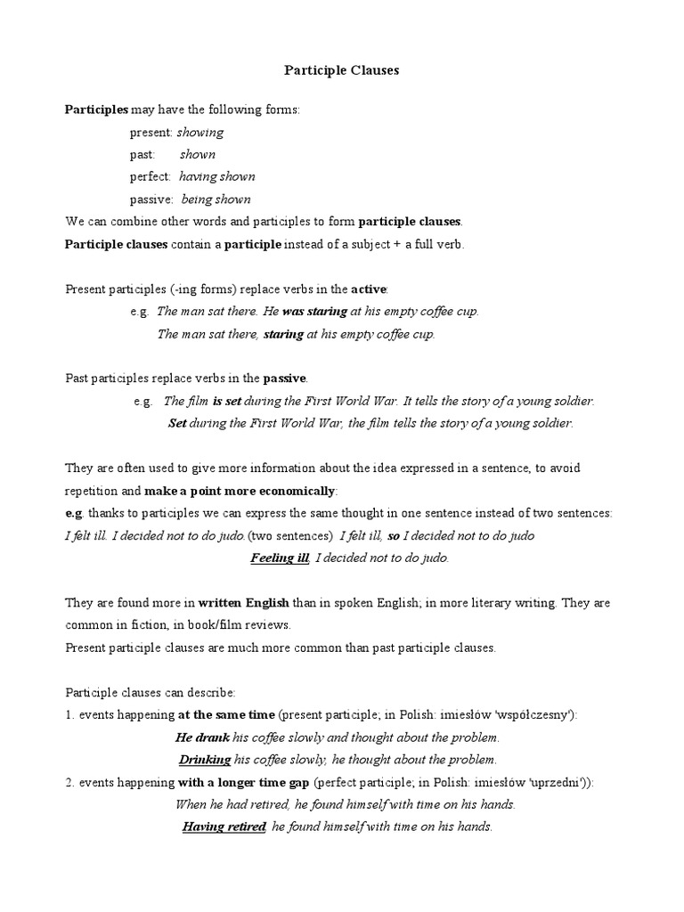 C1 Participle Clauses Theory PDF Verb Sentence Linguistics 
