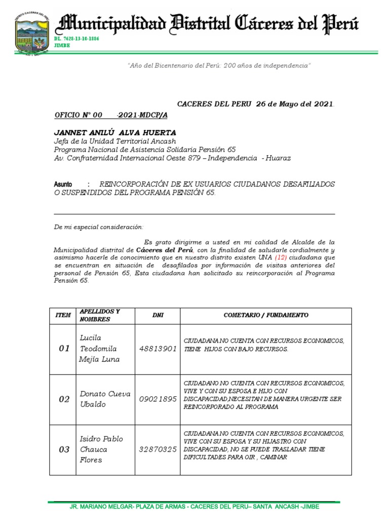 Formato de Oficio p65 de Reincorporacion 2021 | PDF | Perú