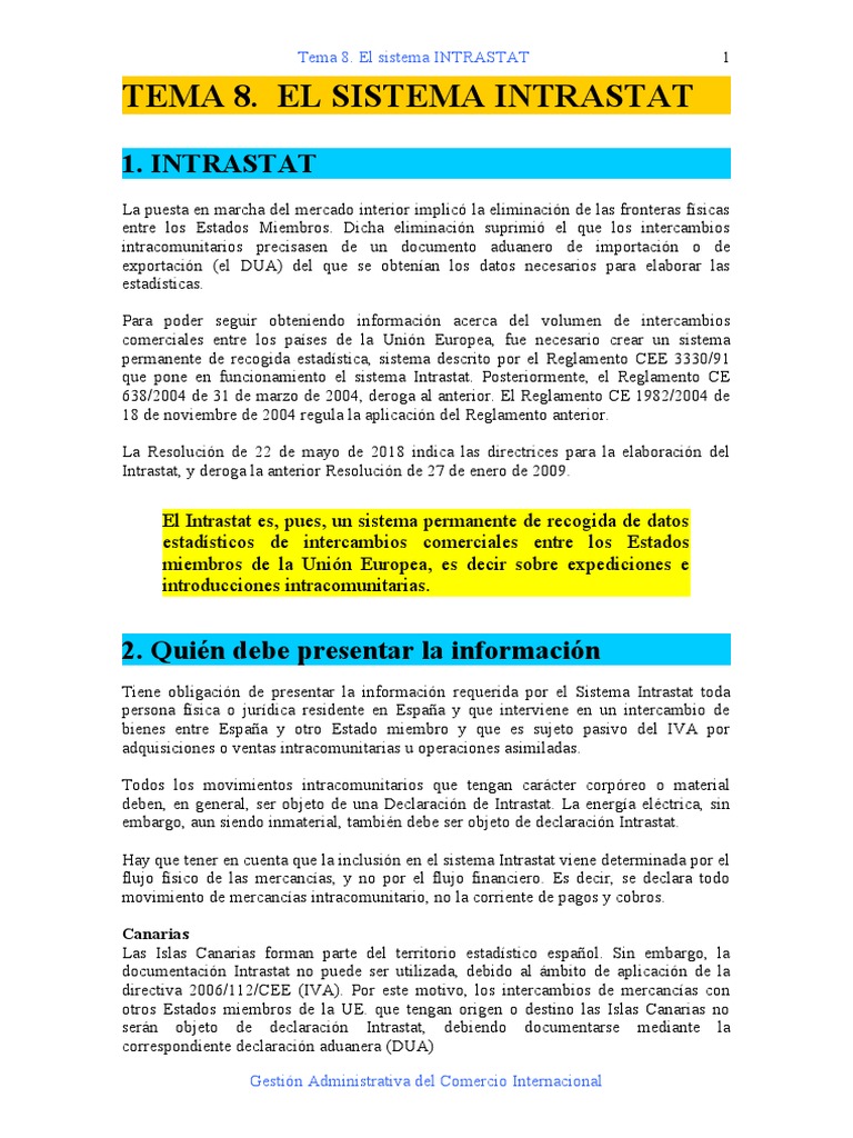 Tema 8 El Sistema INTRASTAT | PDF | Economias | Comercio