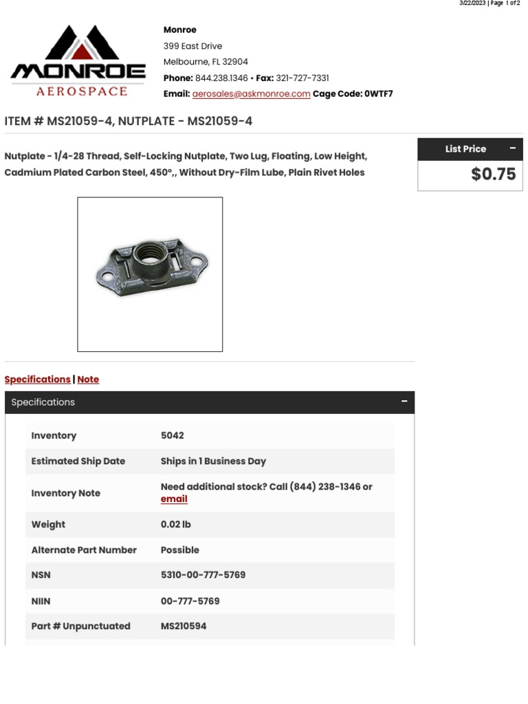 MS21059 4 Nutplate MS21059 4 | PDF