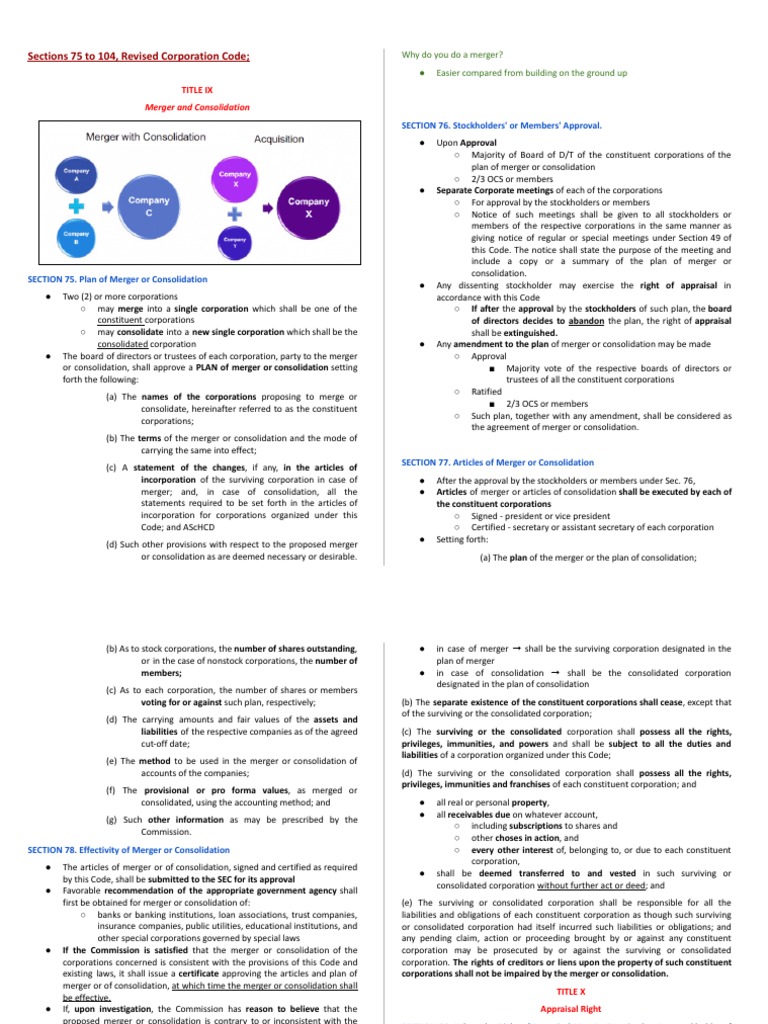 Sections 75 To 104, Revised Corporation Code : Merger and Consolidation ...
