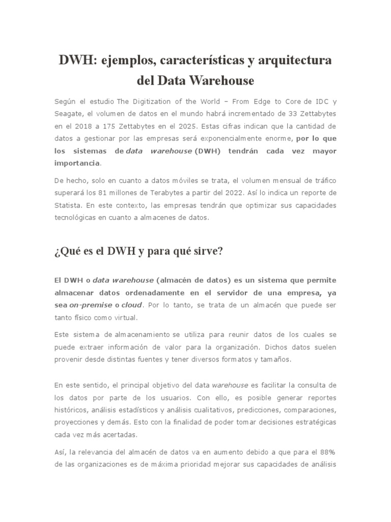 DWH: Ejemplos, Características y Arquitectura Del Data Warehouse | PDF | Almacén de datos ...