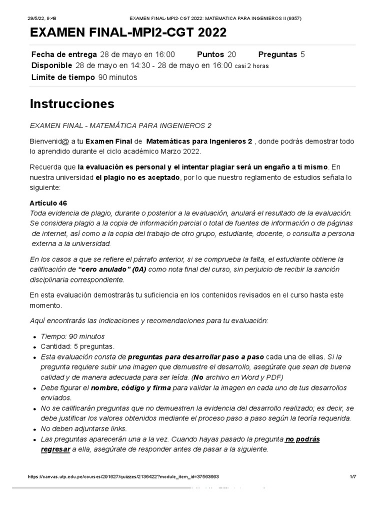 Examen Final Matemáticas Ingenieros II 2022 | PDF | Integral | Plagio