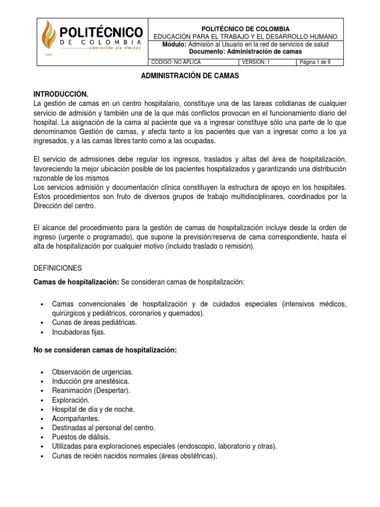 Administración de Camas | Descargar gratis PDF | Hospital | Medicina de Cuidados Intensivos