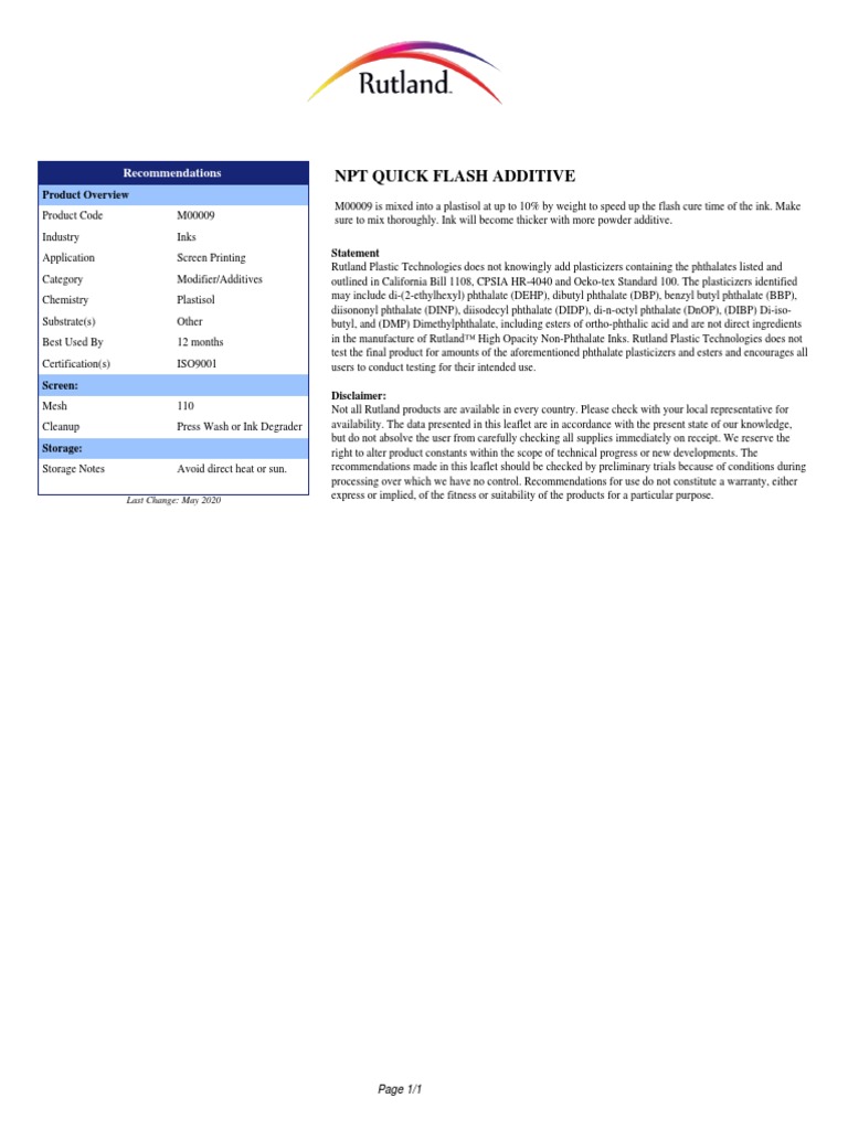 Ficha Tecnica NPT QUICK FLASH ADDITIVE M00009 | PDF