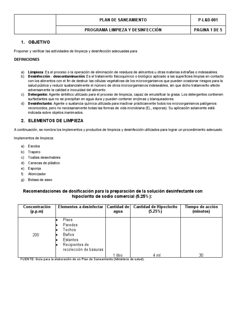 Programa Limpieza y Desinfección | PDF | Agua | Detergente