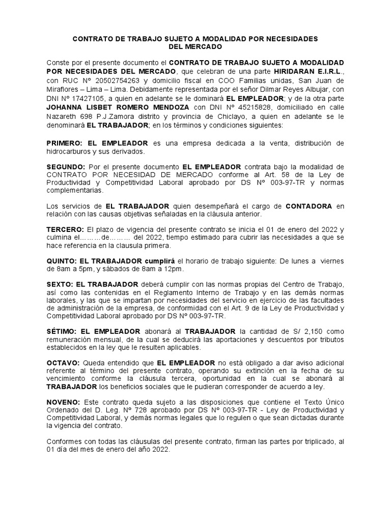 Contrato de Trabajo Sujeto A Modalidad Por Necesidades | PDF | Derecho laboral | Gobierno