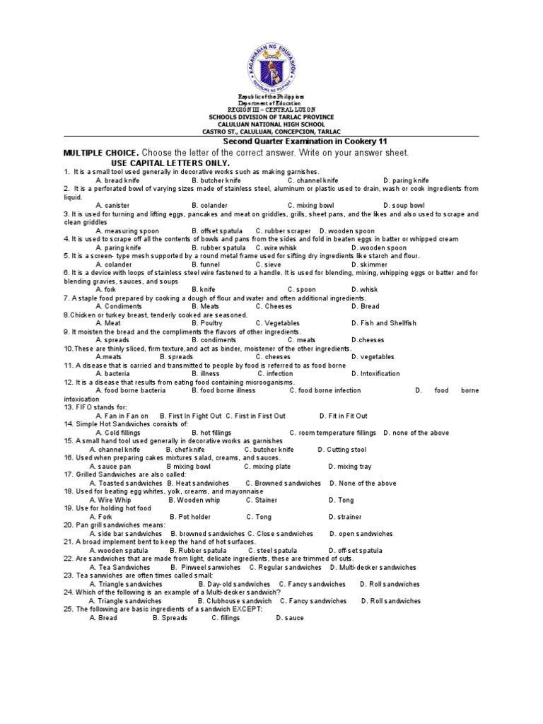 Cookery Exam for High Schoolers | PDF | Desserts | Sandwich