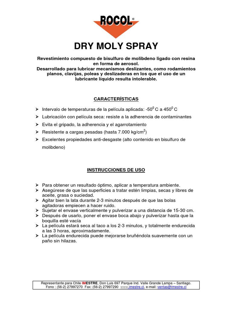 Ficha Técnica - ROCOL DRY MOLY SPRAY | PDF | Sustancias químicas ...