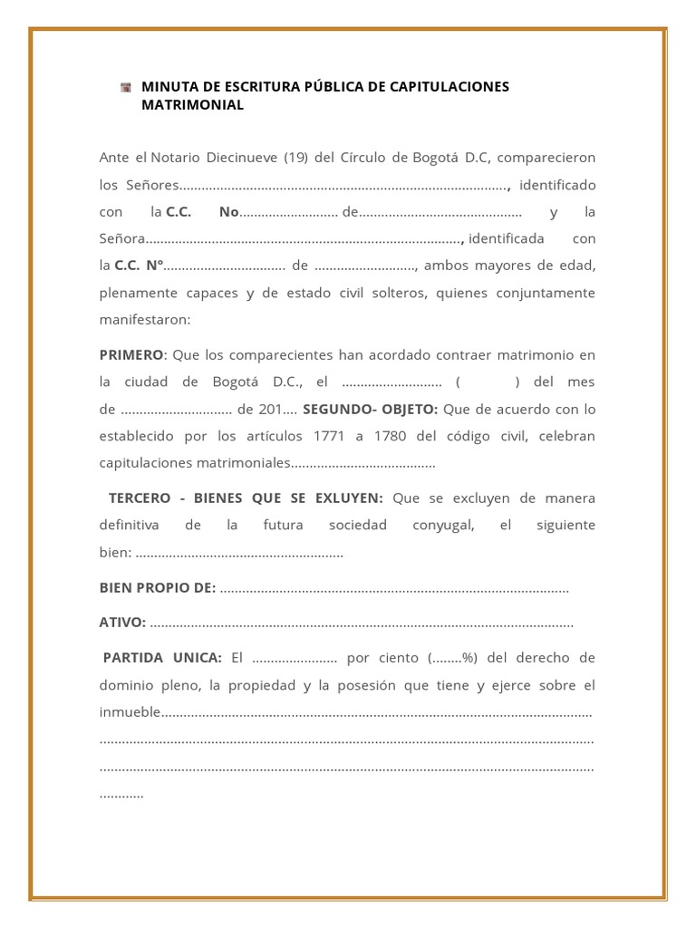 Minuta de Escritura Pública de Capitulaciones Matrimonial | PDF | Subrogación | Derecho Civil ...