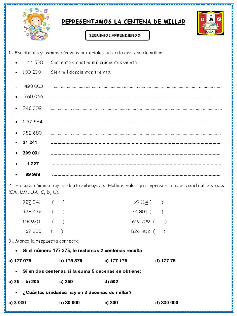 FICHA DE MATEMATICA 18-04 - Centena de Millar | PDF