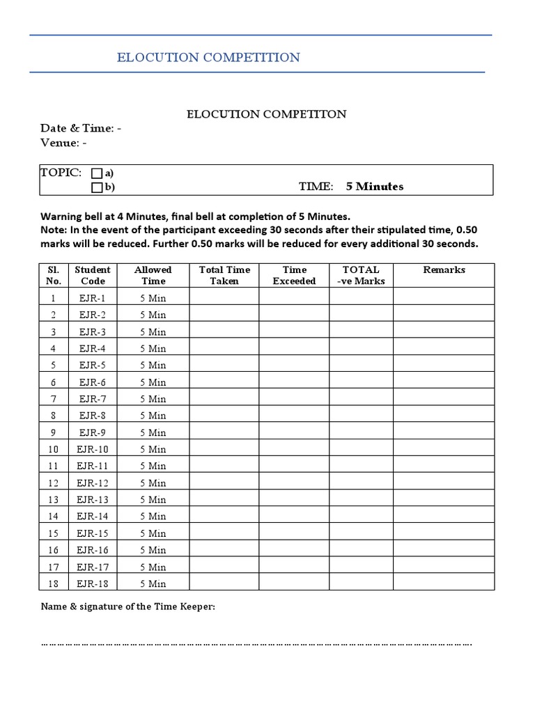 Elocution Time Keeper Sheet | PDF