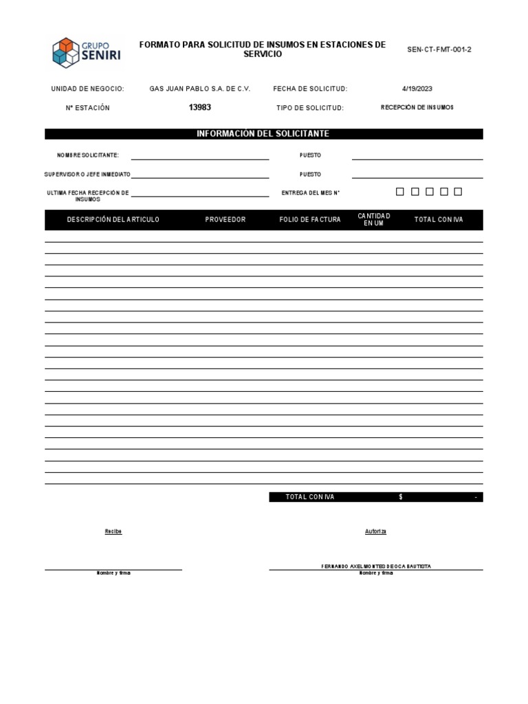Formato para Solicitud de Insumos en Estaciones de Servicio ...