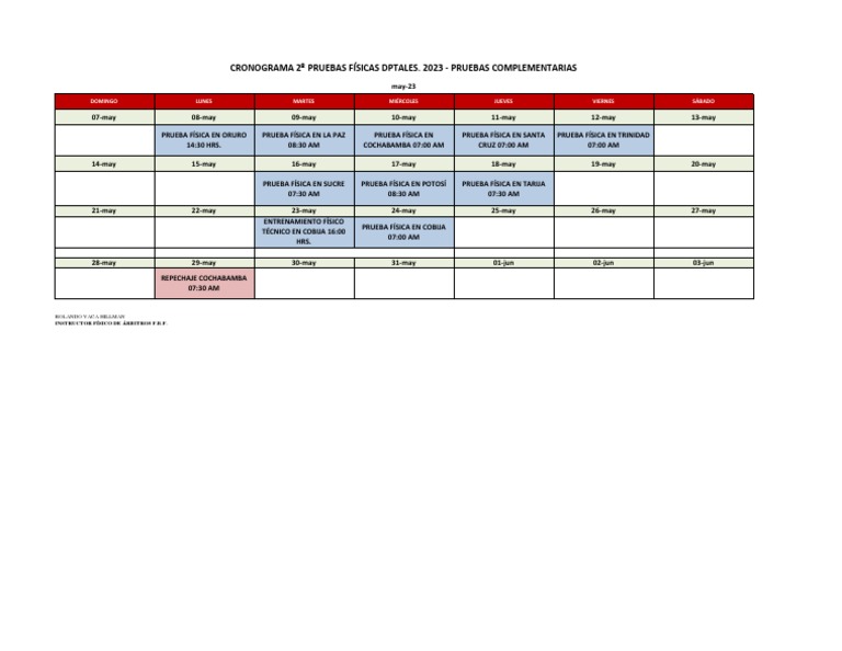 Cronograma 2º Pruebas Físicas (Complementarias) Dptales 2023 | PDF