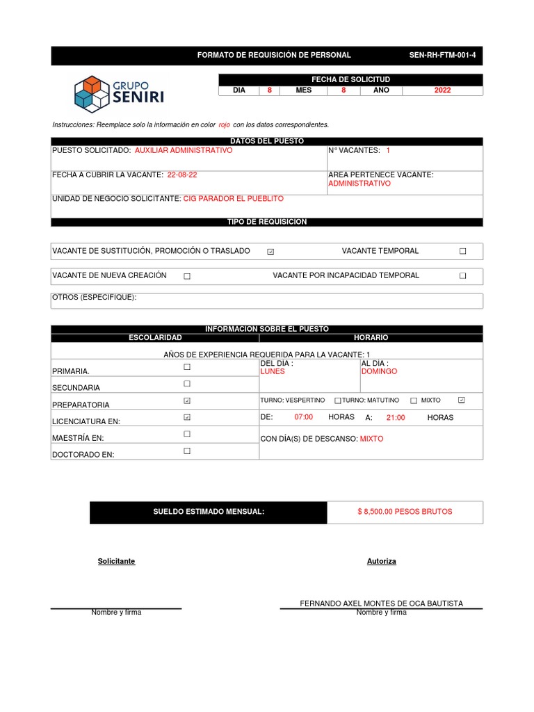 SEN-RH-FMT-001-4 FORMATO REQUISICIÓN DE PERSONAL V.01 | PDF