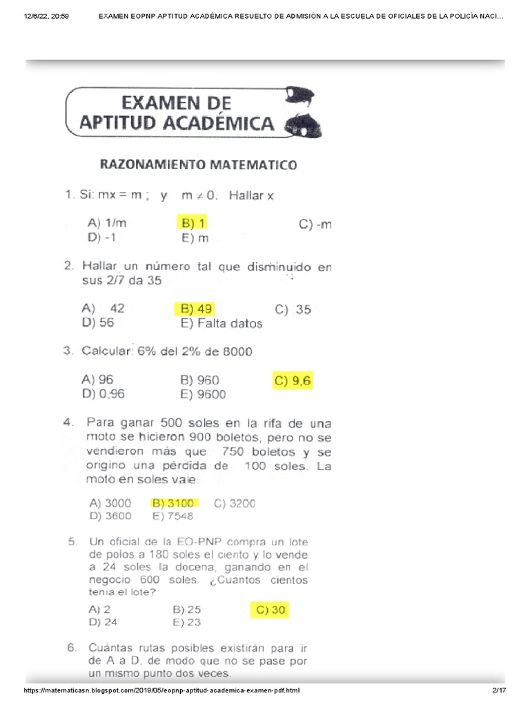 Examen Eopnp Aptitud Académica Resuelto de Admisión A La Escuela de ...