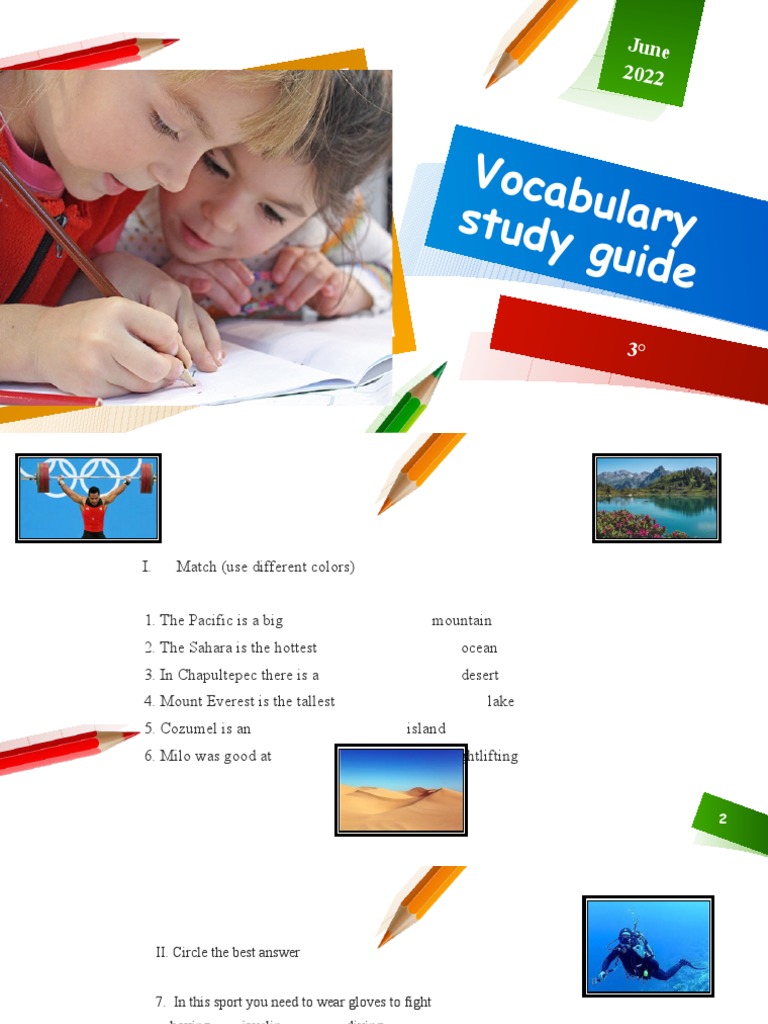 A Vocabulary Study Guide: Matching Words, Circling Answers, Completing ...
