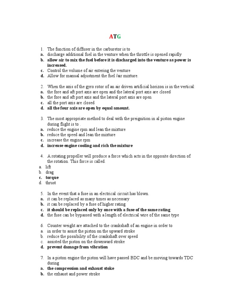 ATG Caa Questions PPL | PDF | Carburetor | Gyroscope