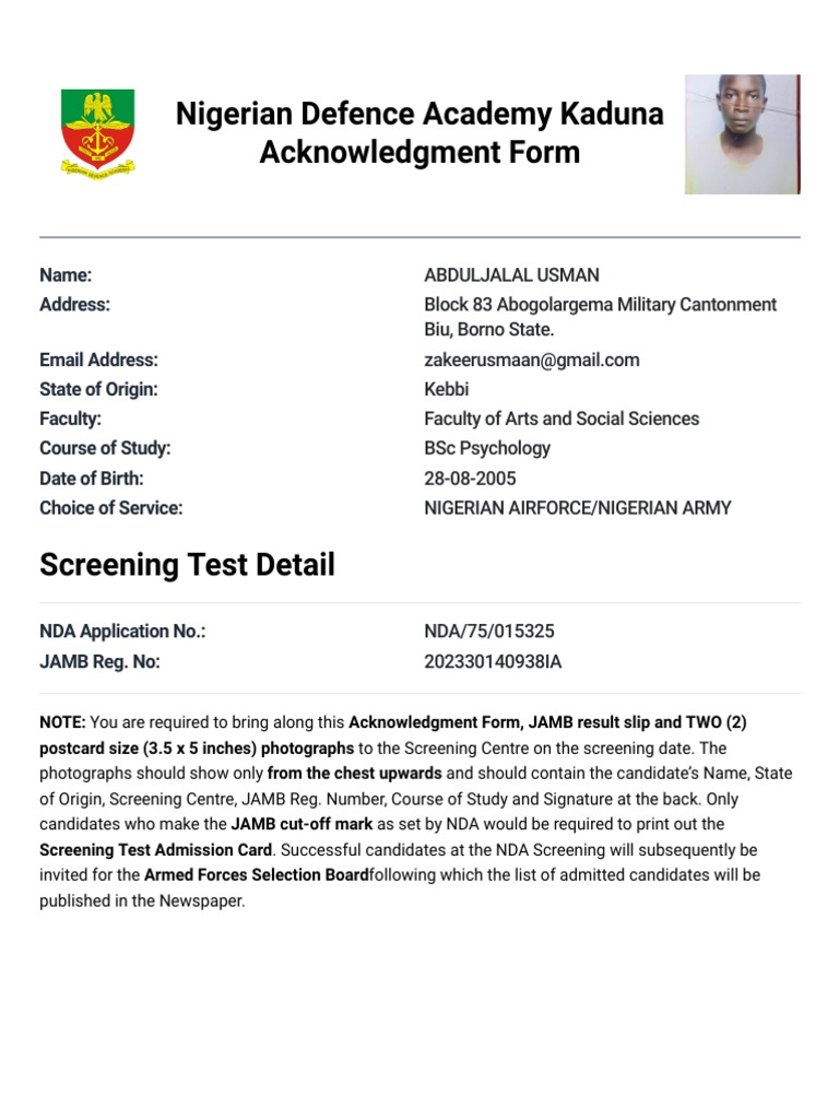 NDA Kaduna Acknowledgment Form Guide | PDF