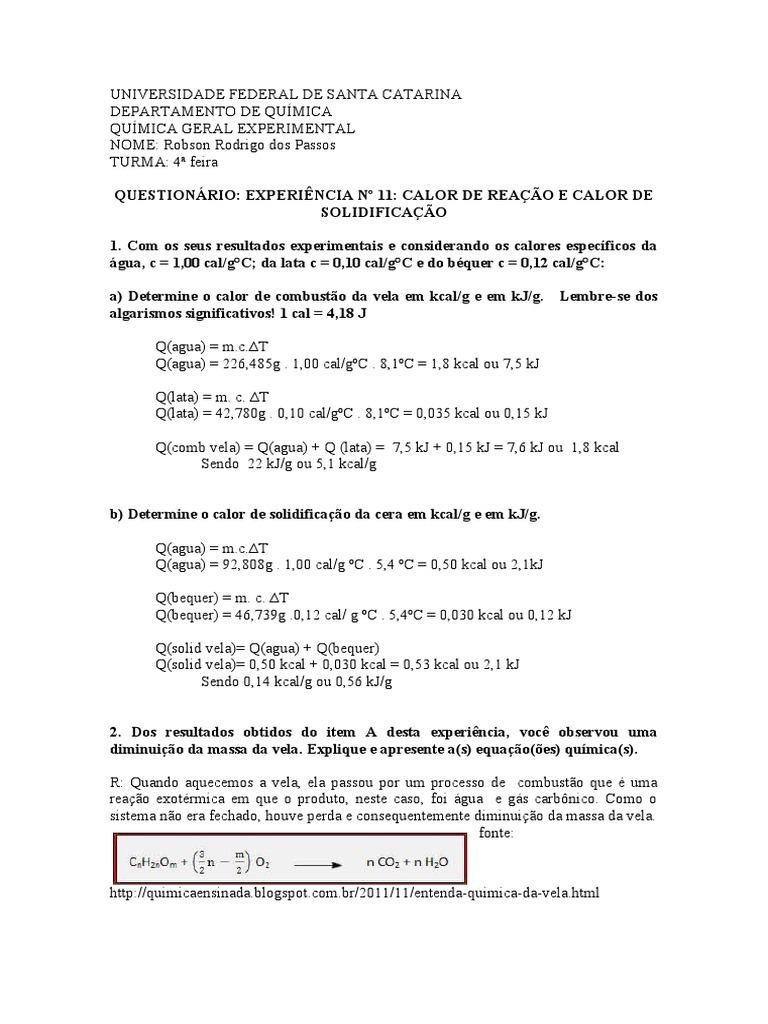 Exp 11 Questionario | PDF | Entalpia | Combustão