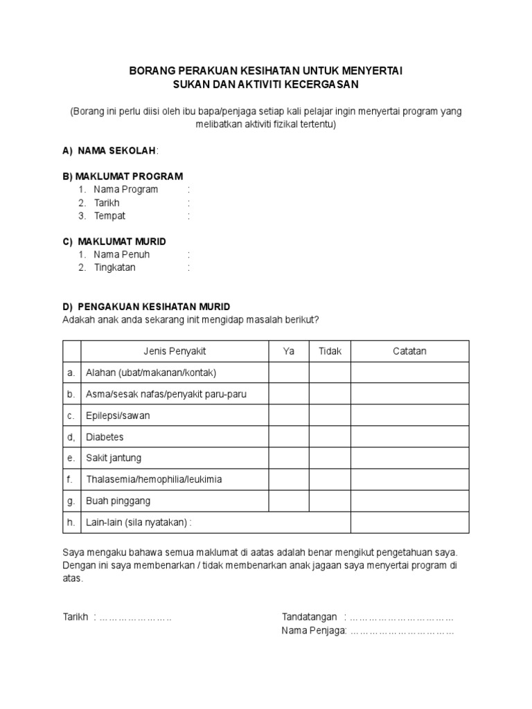 Borang Perakuan Kesihatan Untuk Menyertai Sukan | PDF