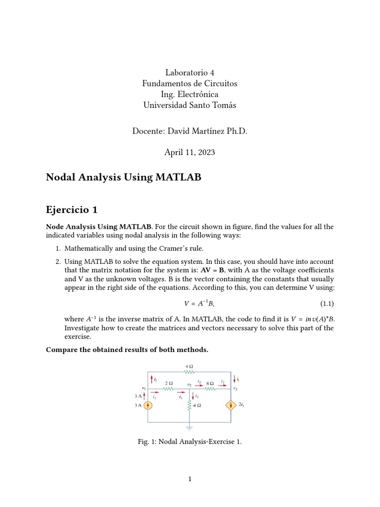 Nodal Analysis Using MATLAB: Laboratorio 4 Fundamentos de Circuitos Ing. Electrónica Universidad ...