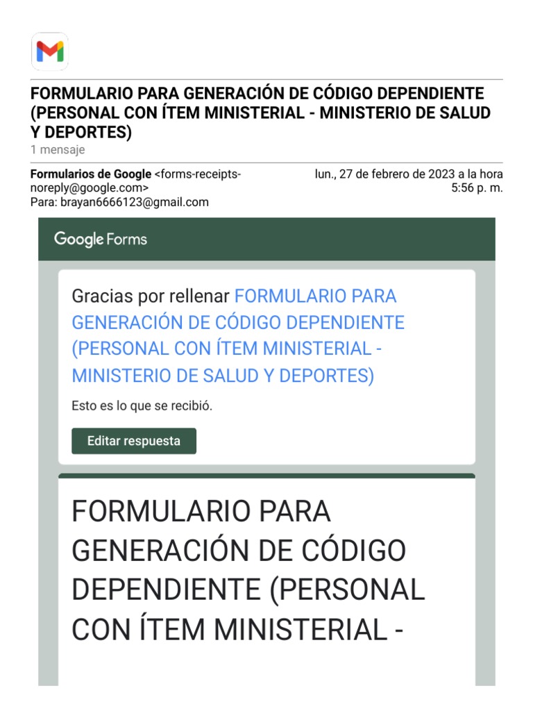 Gmail - FORMULARIO PARA GENERACIÓN DE CÓDIGO DEPENDIENTE (PERSONAL CON ÍTEM MINISTERIAL ...