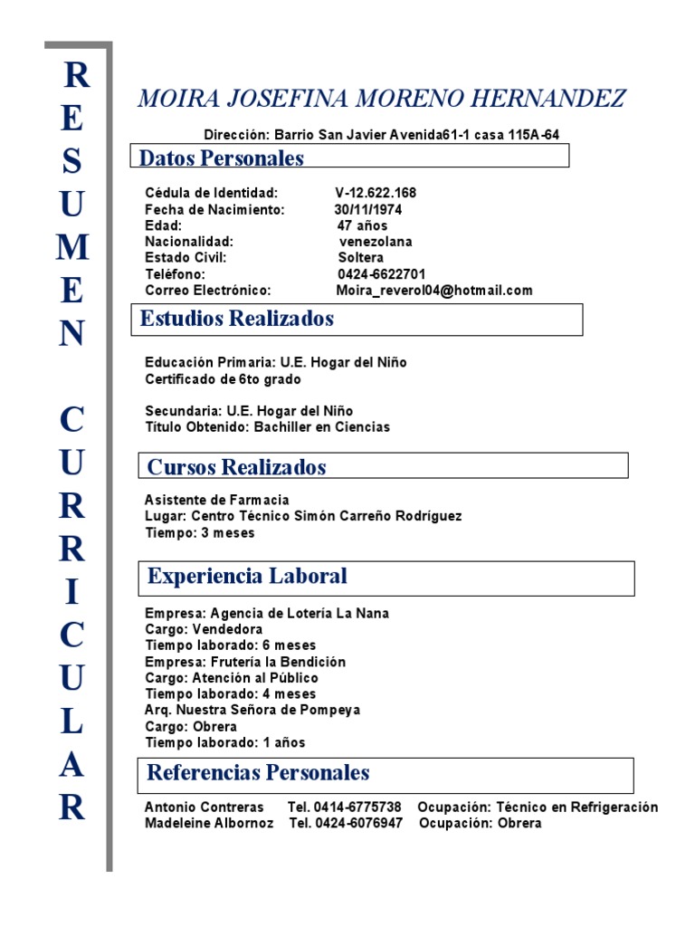R E S U M E N C U R R I C U L A R: Moira Josefina Moreno Hernandez | PDF | Ciencias sociales