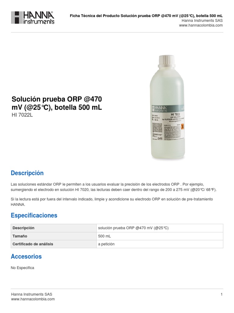 Solución Prueba ORP @470 MV (@25°C), Botella 500 ML | PDF