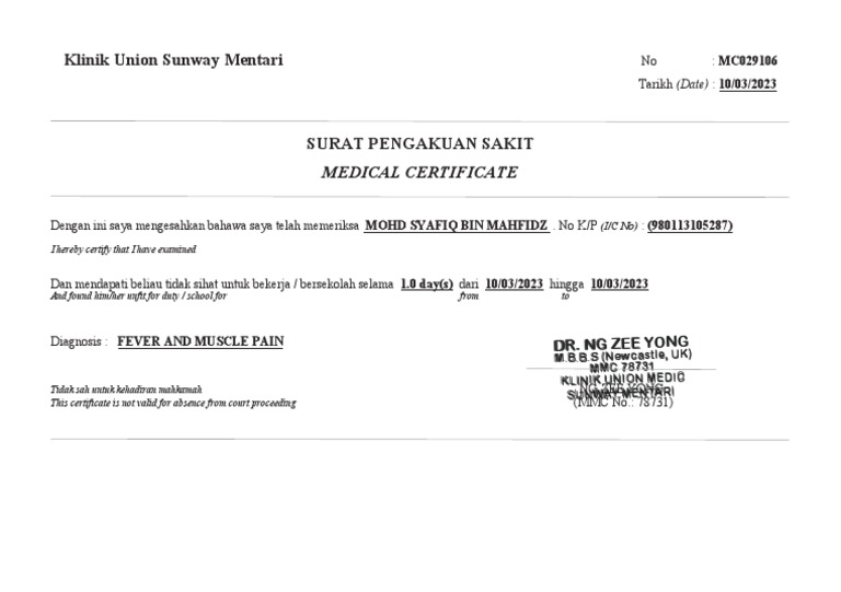 Klinik Union Sunway Mentari: Medical Certificate | PDF