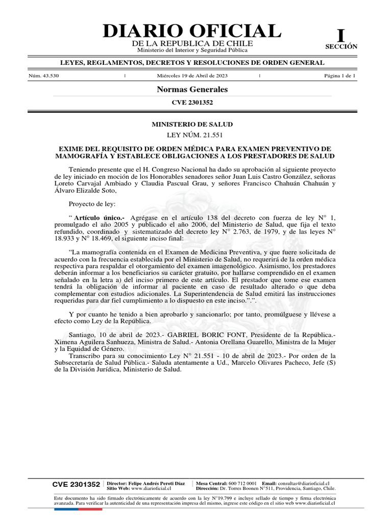 Ley 21551 Exime Requisito Orden Medica Examen de Mamografia | PDF ...