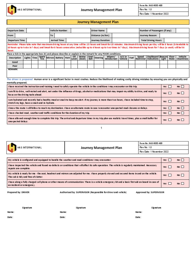 Journey Management Plan Form | PDF | Vehicles | Transport
