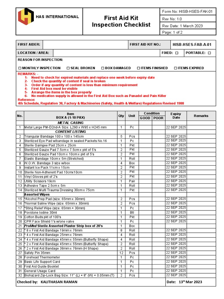 First Aid Kit Inspection Checklist | PDF | First Aid | Emergency Management