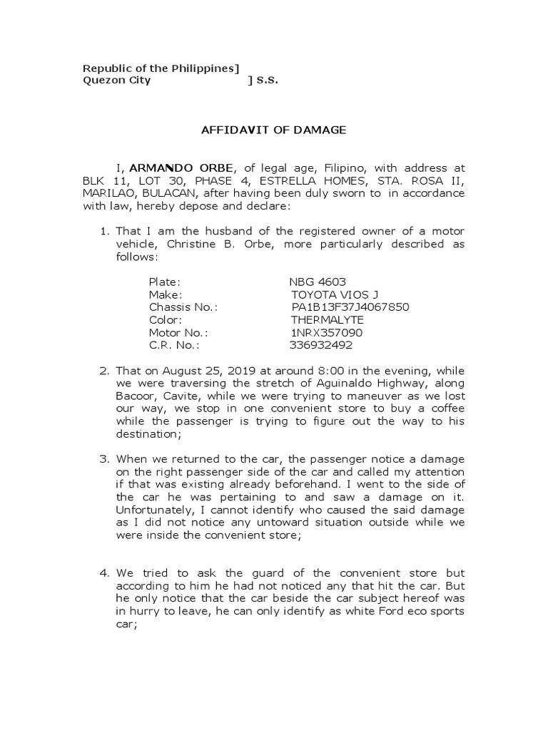 Affidavit of Damage Vehicle 3 | PDF | Affidavit | Vehicles
