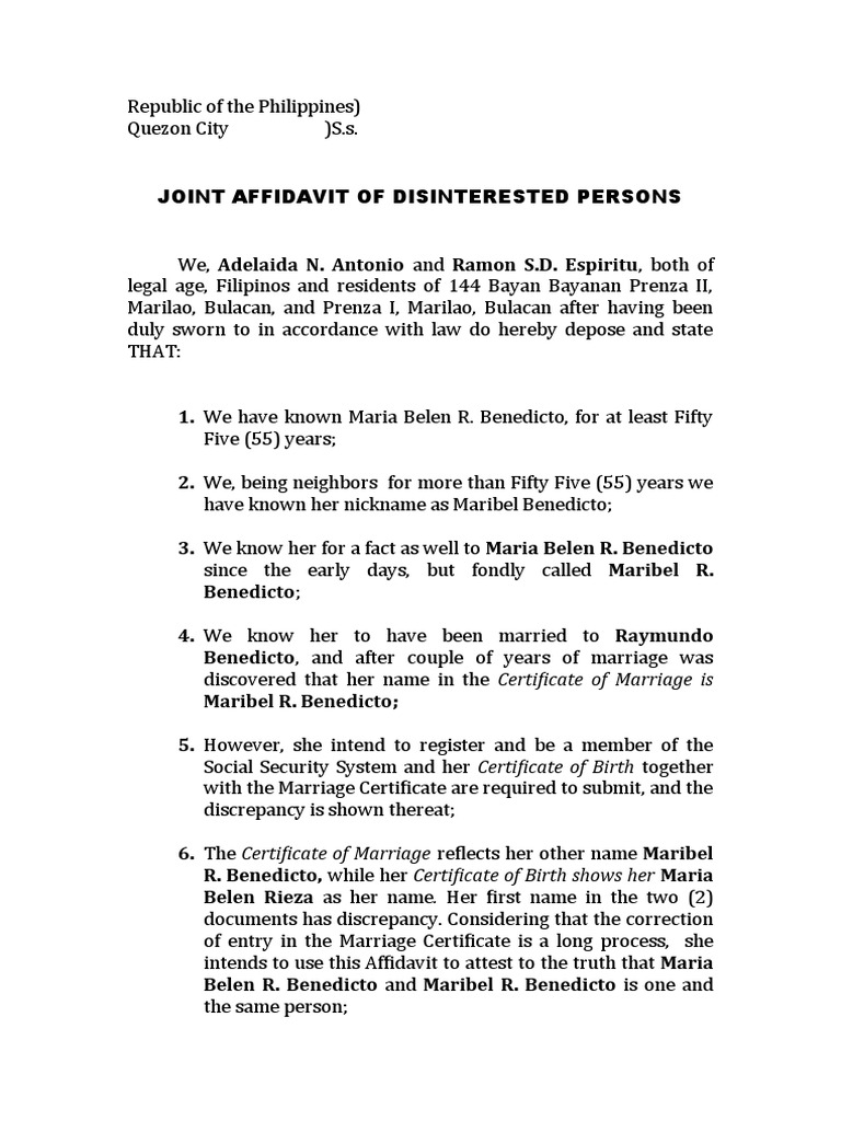 Affidavit of Two Disinterested Persons | PDF | Affidavit | Legal Procedure