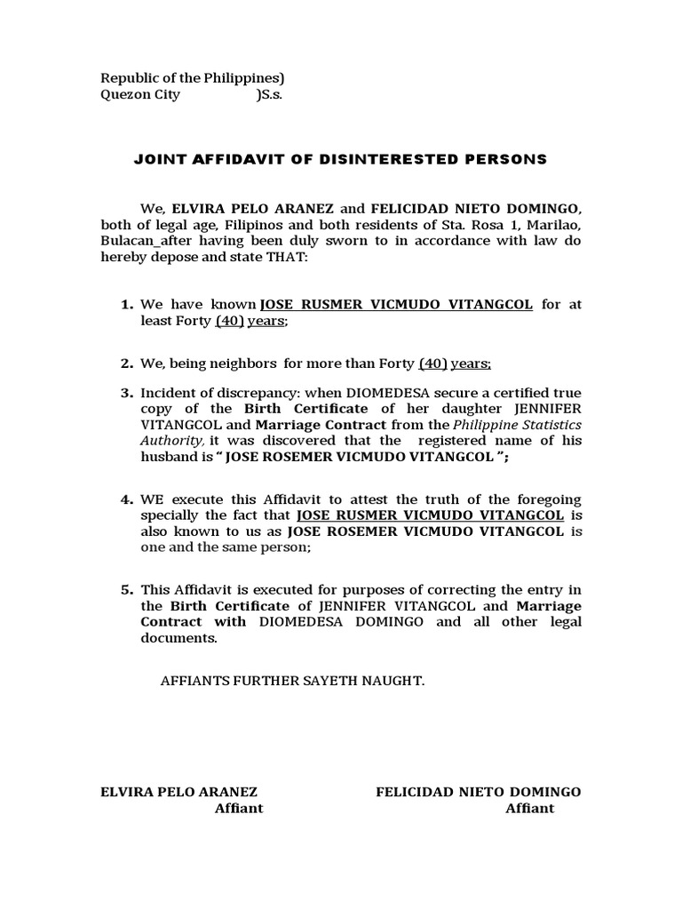 Affidavit of Two Disinterested Persons Psa | PDF