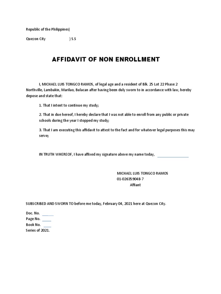 Affidavit of Non Enrollment | PDF | Social Science