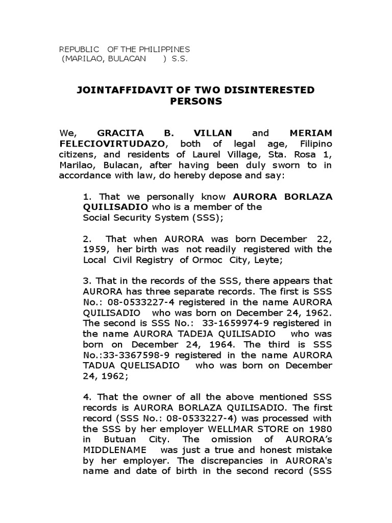 Affidavit of 2 Disinterested People Sss | PDF | Public Finance | Public Law