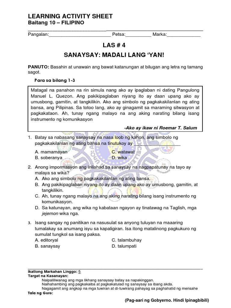 Fil Q3 G10 Las4 W5 Sanaysay - Madali-Lang-Yan - FV | PDF