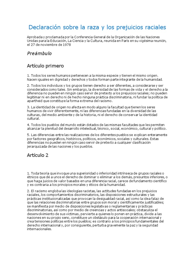 Declaración Sobre La Raza y Los Prejuicios Raciales | PDF | Discriminación y relaciones raciales ...