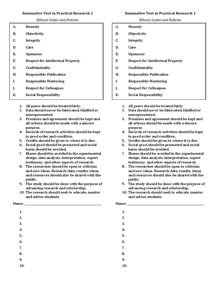 Summative Test in Practical Research 1 | PDF | Integrity | Cognition