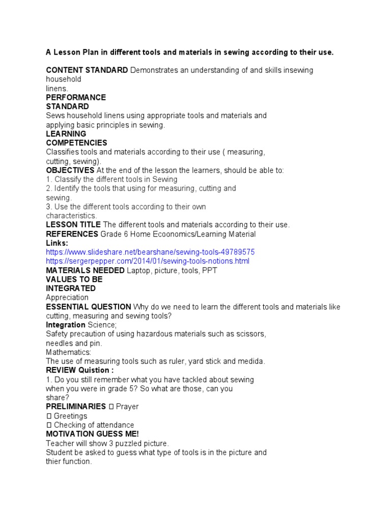 A Lesson Plan in Different Tools and Materials in Sewing According To ...