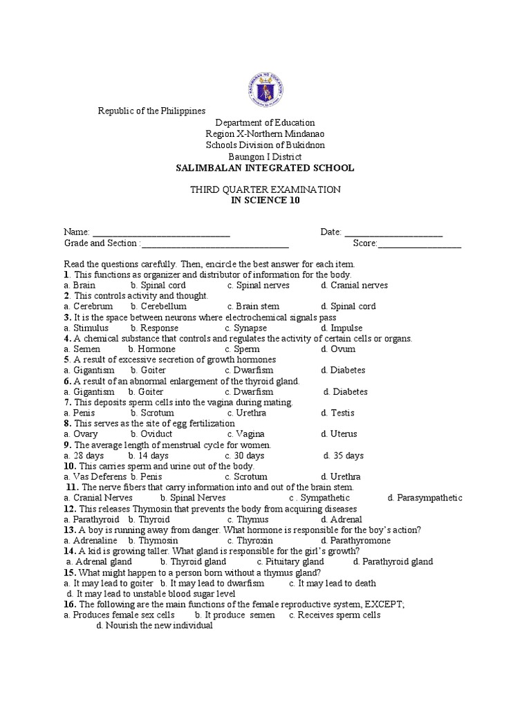 Grade 10 Science Third Quarter Examination | PDF