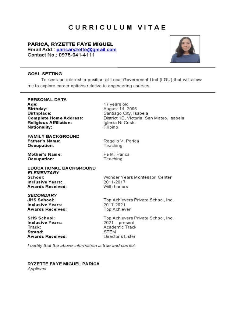 Curriculum Vitae: Parica, Ryzette Faye Miguel | PDF
